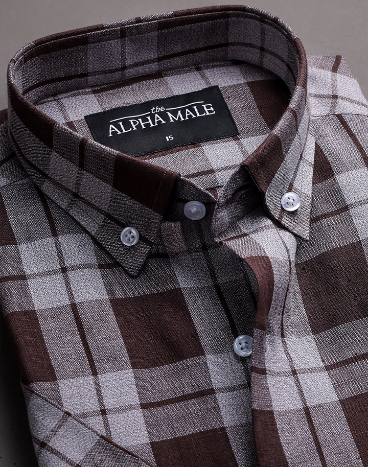 Brown Linen Checkered in Half Sleeves – The Alpha Male